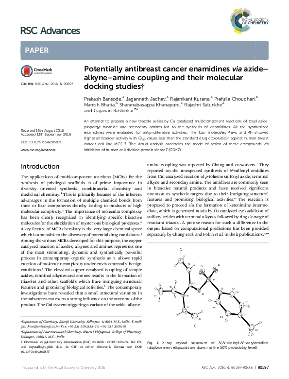 (PDF) Potentially antibreast cancer enamidines via azide– alkyne–amine ...