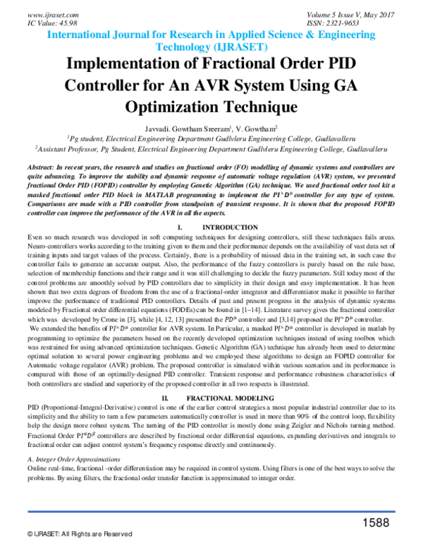 Pdf Implementation Of Fractional Order Pid Controller For An Avr System Using Ga Optimization
