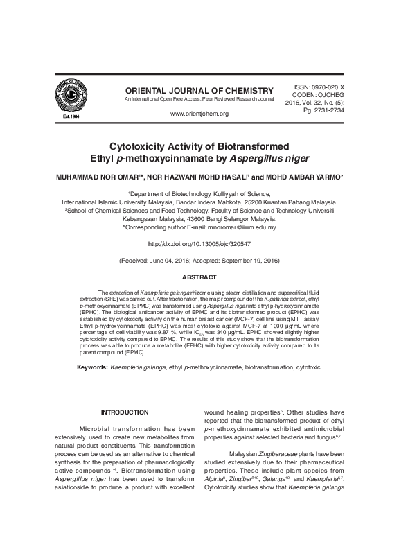 (PDF) Cytotoxicity Activity of Biotransformed Ethyl p-methoxycinnamate by Aspergillus niger