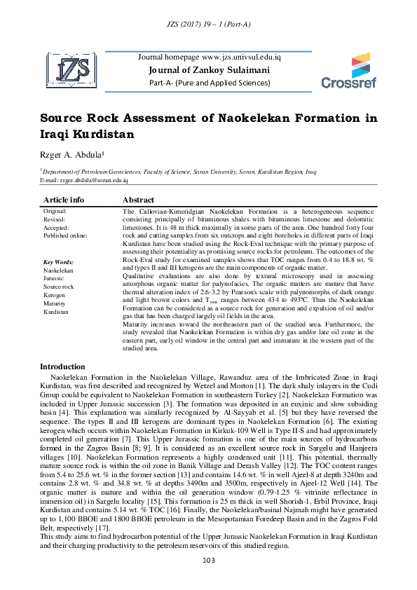 (PDF) Source Rock Assessment of Naokelekan Formation in Iraqi Kurdistan