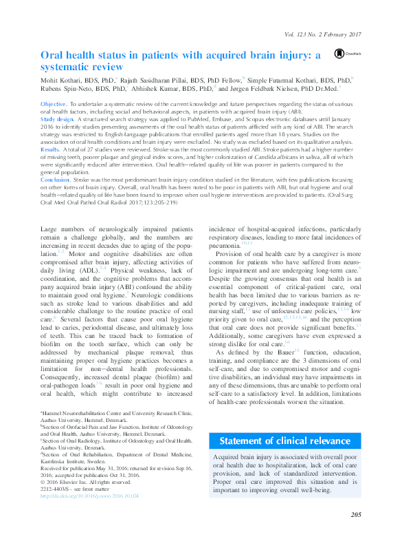 (PDF) Oral health status in patients with acquired brain injury: a ...