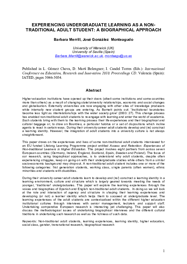 (PDF) Experiencing Undergraduate Learning as a Non-Traditional Adult ...