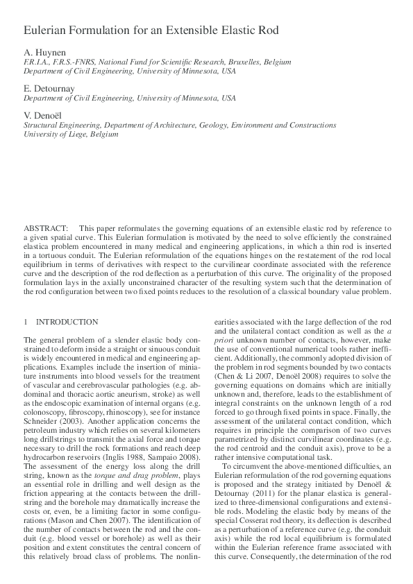 (PDF) Eulerian formulation for an extensible elastic rod