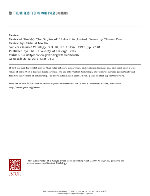 (PDF) Review of Cole, The Origins of Rhetoric in Ancient Greece