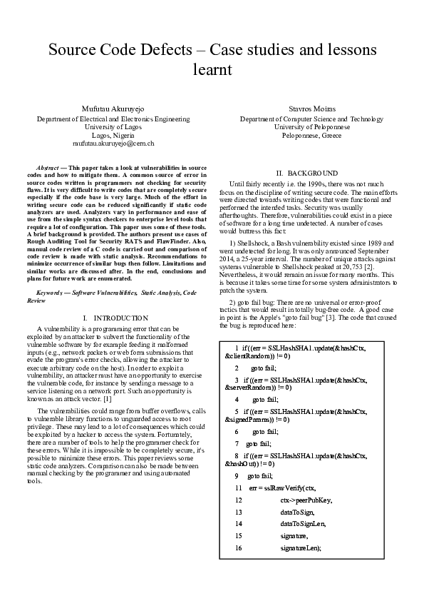 Source Code Defects – Case studies and lessons learnt