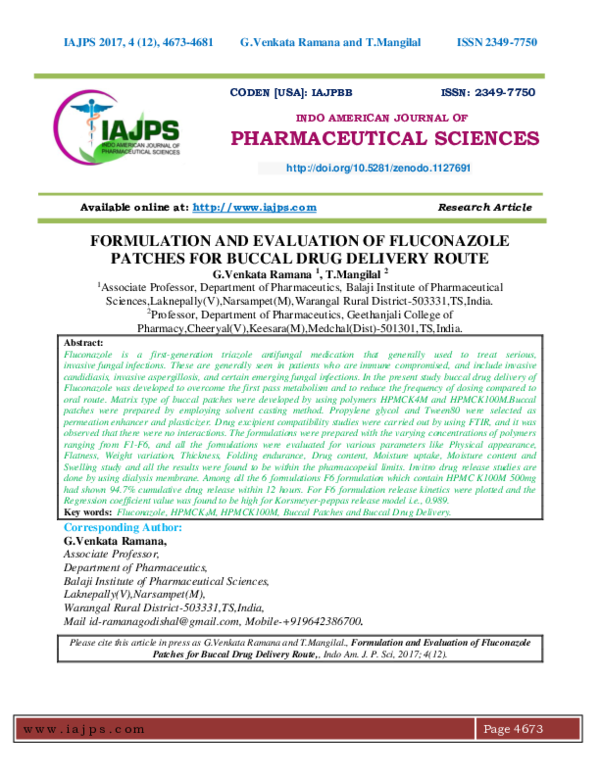 (PDF) FORMULATION AND EVALUATION OF FLUCONAZOLE PATCHES FOR BUCCAL DRUG ...