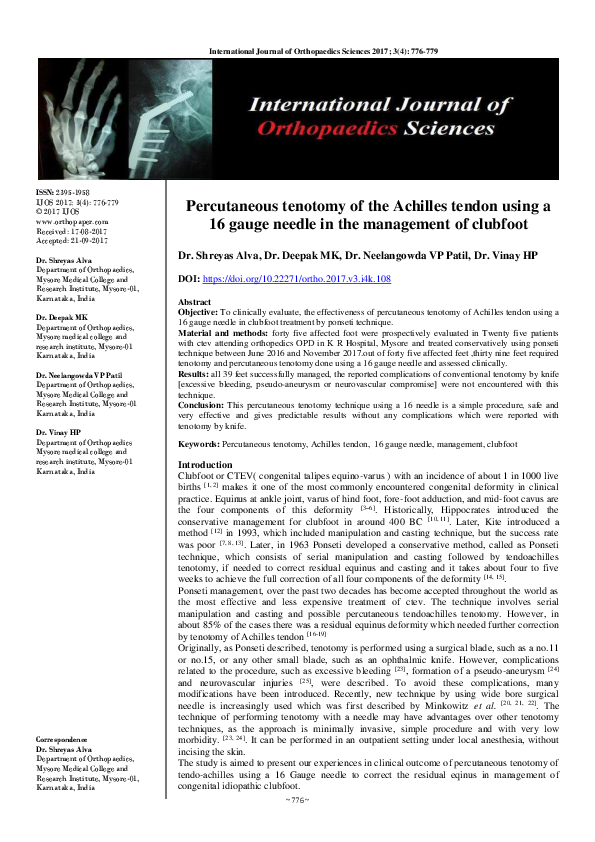(PDF) percutaneous tenotomy of Achilles tendon using a 16 gauge needle ...