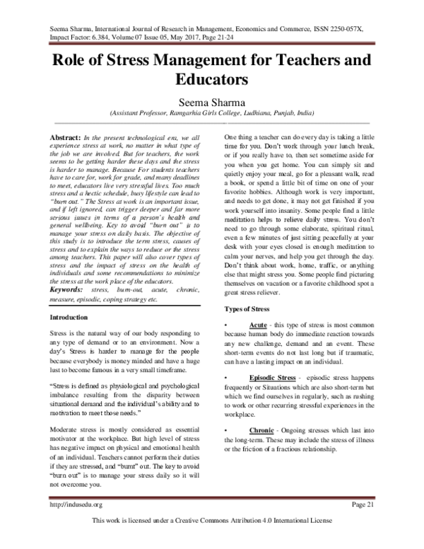 (PDF) Role of Stress Management for Teachers and Educators | Indus ...