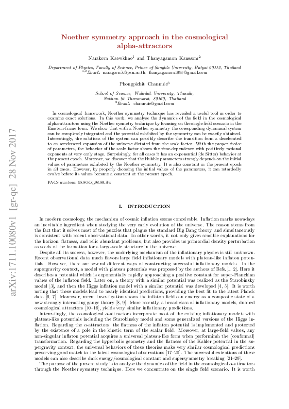 (PDF) Noether symmetry approach in the cosmological alpha-attractors