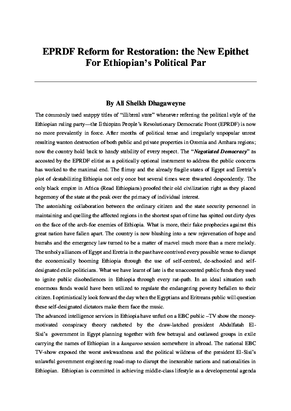(DOC) EPRDF Reform for Restoration: the New Epithet For Ethiopian's ...