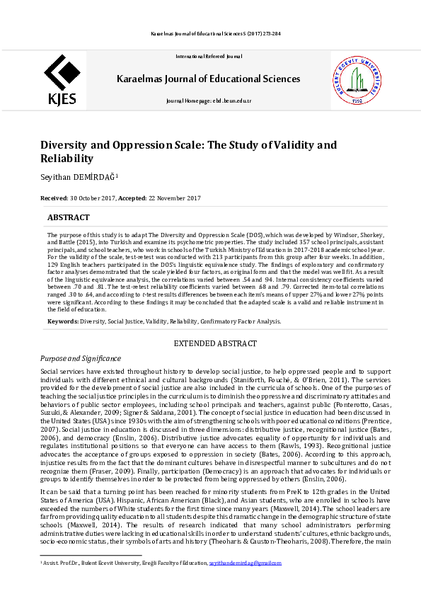 (PDF) Diversity and Oppression Scale: The Study of Validity and Reliability