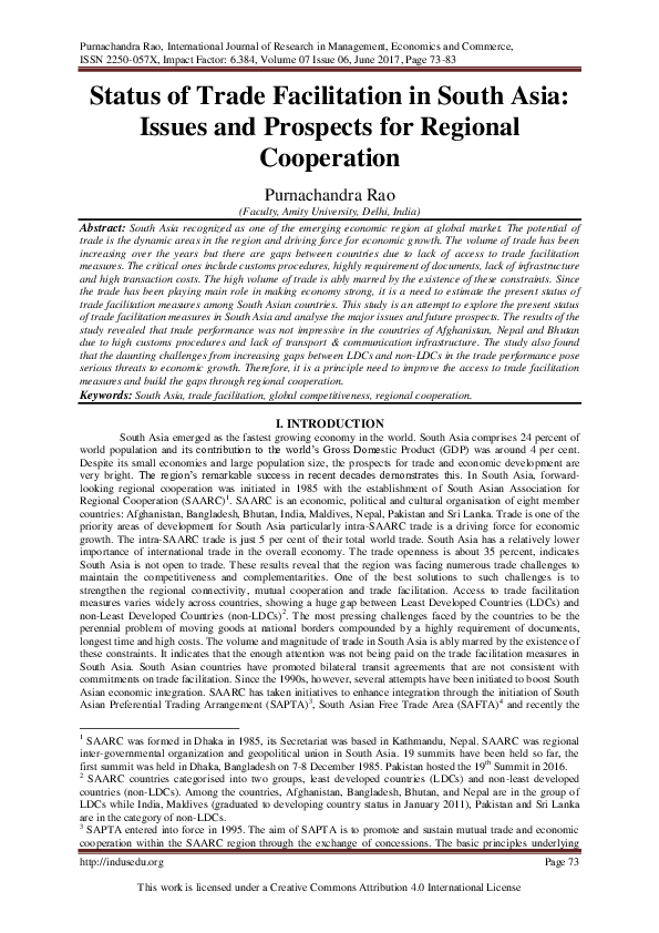 (PDF) Status of Trade Facilitation in South Asia: Issues and Prospects ...