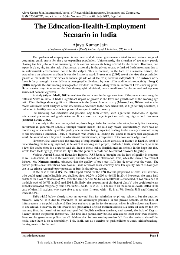 (PDF) The Education-Health-Employment Scenario in India