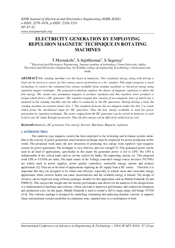 (PDF) ELECTRICITY GENERATION BY EMPLOYING REPULSION MAGNETIC TECHNIQUE ...