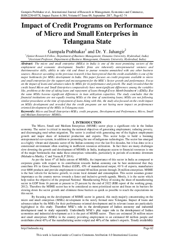 (PDF) Impact of Credit Programs on Performance of Micro and Small Enterprises in Telangana State