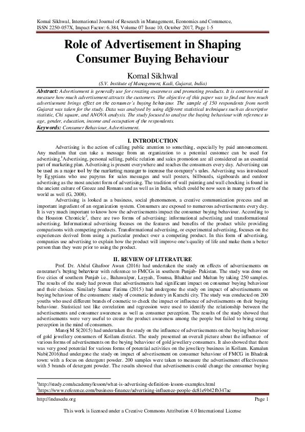 (PDF) Role of Advertisement in Shaping Consumer Buying Behaviour