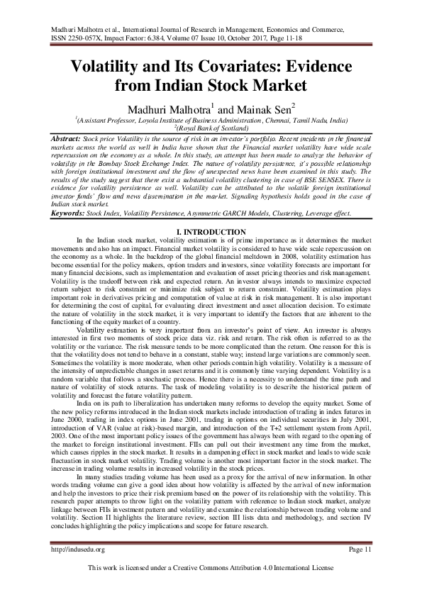 Pdf Volatility And Its Covariates Evidence From Indian Stock Market