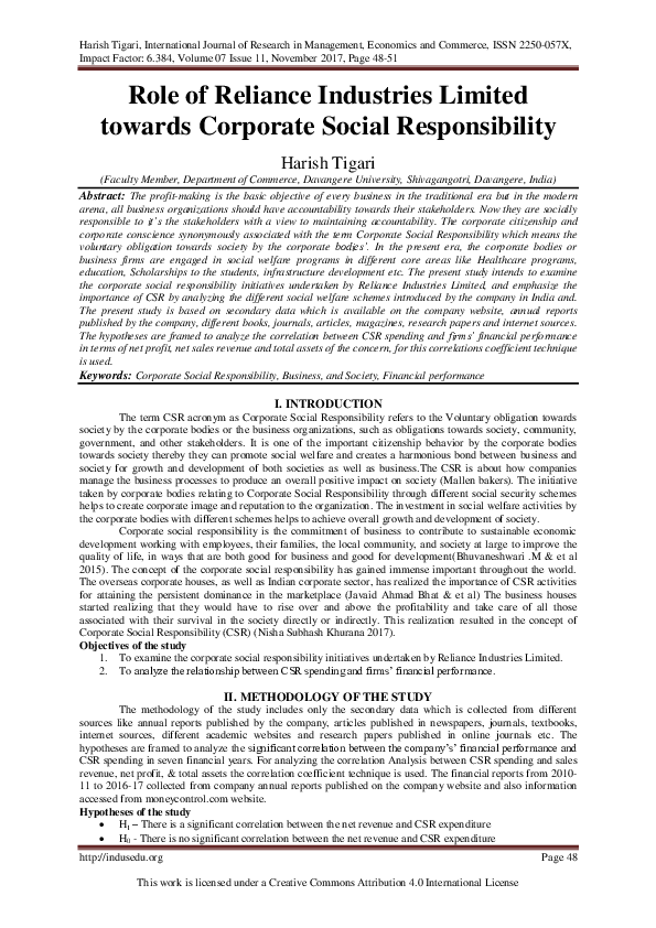 (PDF) Role of Reliance Industries Limited towards Corporate Social ...