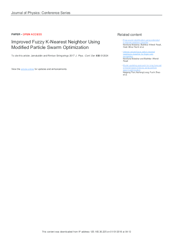 Pdf Improved Fuzzy K Nearest Neighbor Using Modified Particle Swarm Optimization