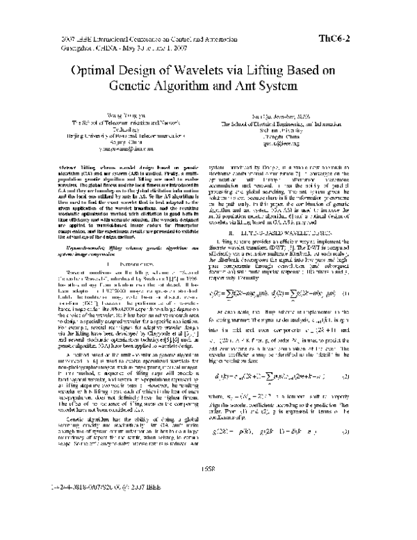 Pdf Optimal Design Of Wavelets Via Lifting Based On Genetic Algorithm