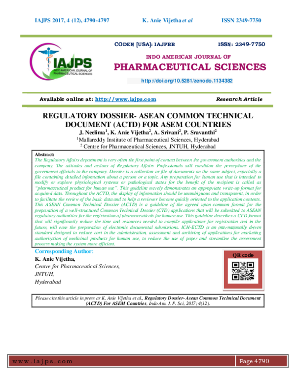 (PDF) REGULATORY DOSSIER-ASEAN COMMON TECHNICAL DOCUMENT (ACTD) FOR ...