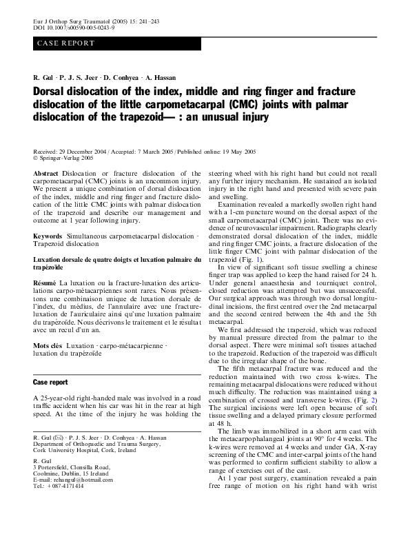 (PDF) Dorsal dislocation of the index, middle and ring finger and ...