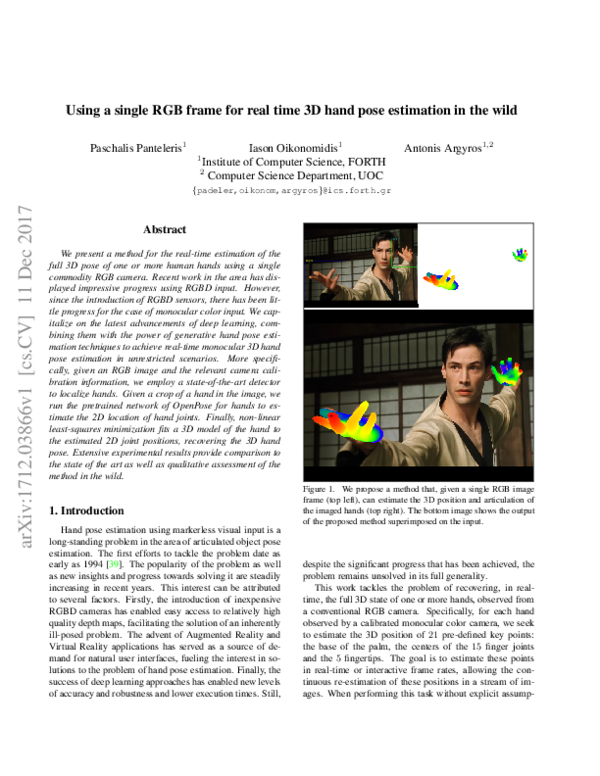 Pdf Using A Single Rgb Frame For Real Time 3d Hand Pose Estimation In The Wild