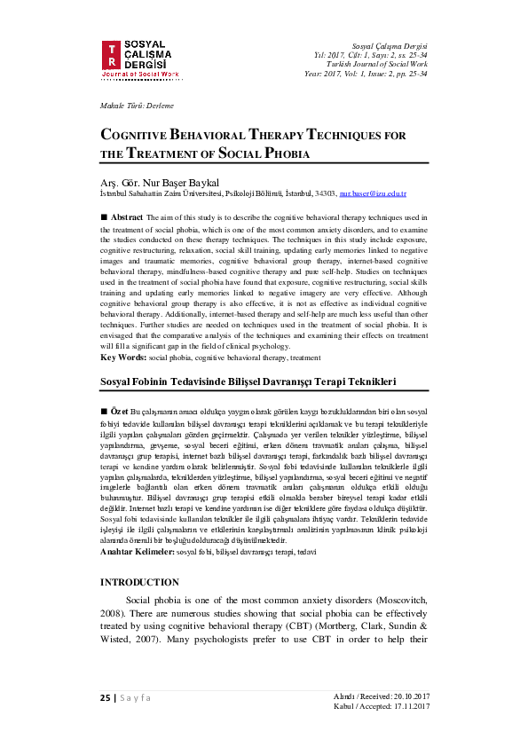(PDF) COGNITIVE BEHAVIORAL THERAPY TECHNIQUES FOR THE TREATMENT OF SOCIAL PHOBIA