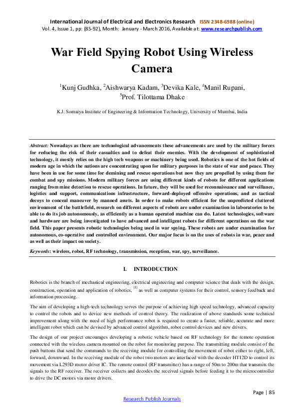 (PDF) War Field Spying Robot Using Wireless Camera