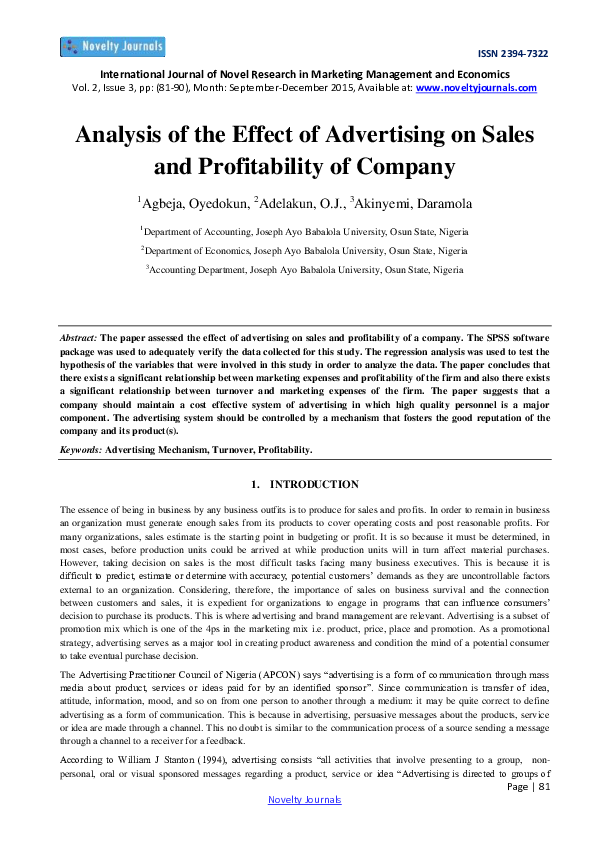 (PDF) Analysis of the Effect of Advertising on Sales and Profitability ...