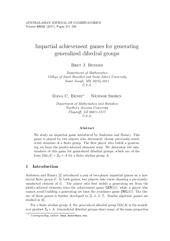 Pdf Impartial Achievement Games For Generating Generalized Dihedral Groups Dana C Ernst And