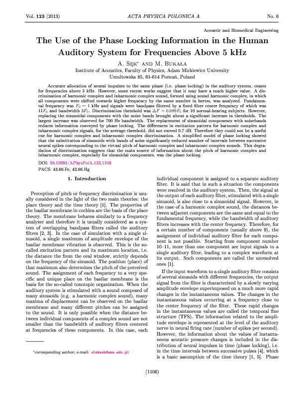 (PDF) ACTA PHYSICA POLONICA A The Use of the Phase Locking Information ...