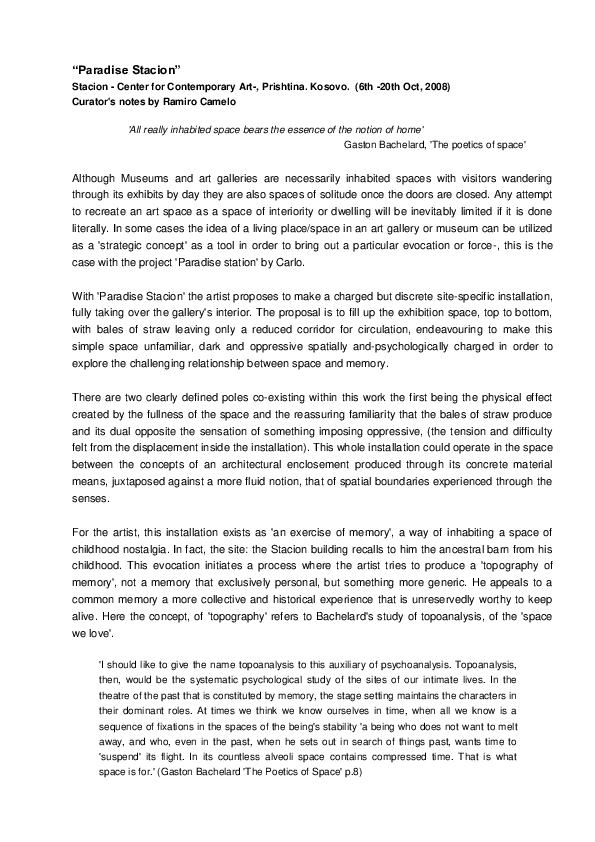 (DOC) " Paradise Stacion" by Fatmir Mustafa - Curator's Notes-