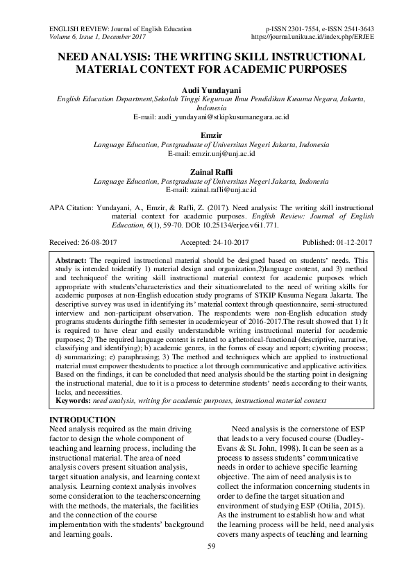 (PDF) NEED ANALYSIS: THE WRITING SKILL INSTRUCTIONAL MATERIAL CONTEXT ...