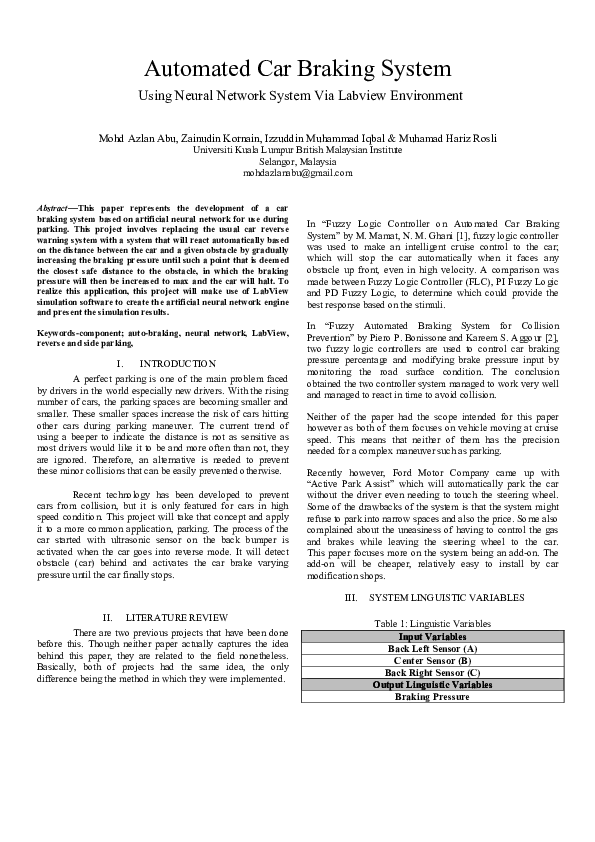 (PDF) Automated Car Braking System Using Neural Network System Via ... (PDF) Automated Car Braking System Using Neural Network System Via ...