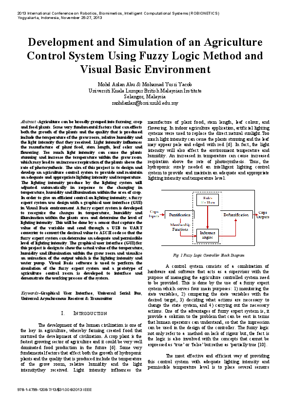 Pdf Development And Simulation Of An Agriculture Control System Using Fuzzy Logic Method And