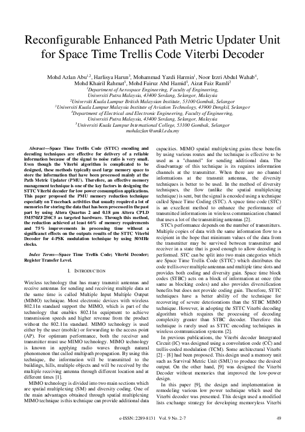 Pdf Reconfigurable Enhanced Path Metric Updater Unit For Space Time Trellis Code Viterbi Decoder