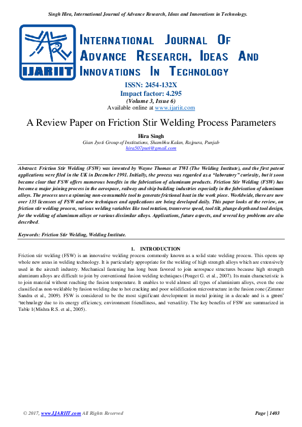 Pdf A Review Paper On Friction Stir Welding Process Parameters