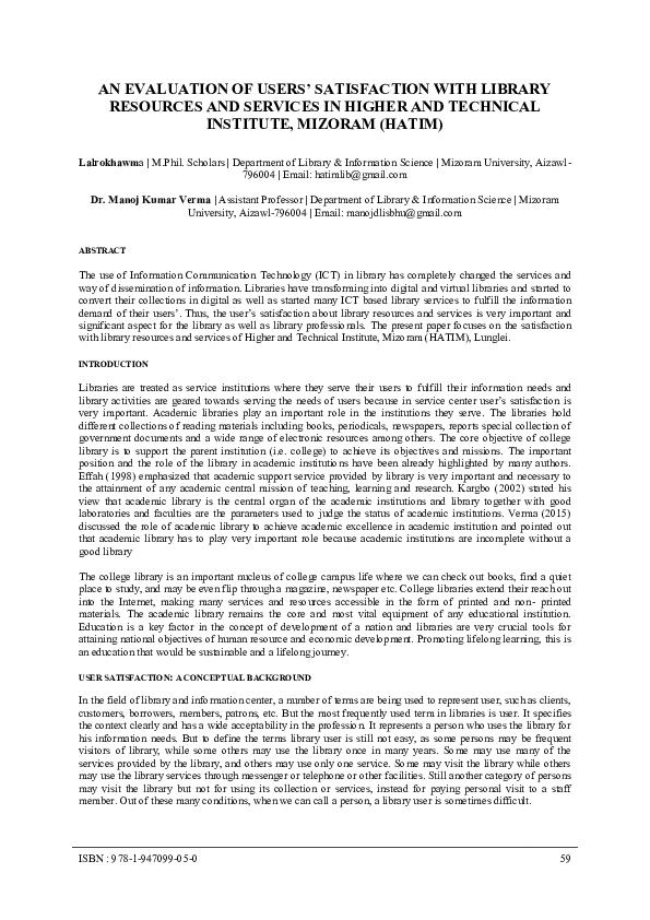 (PDF) AN EVALUATION OF USERS' SATISFACTION WITH LIBRARY RESOURCES AND SERVICES IN HIGHER AND ...