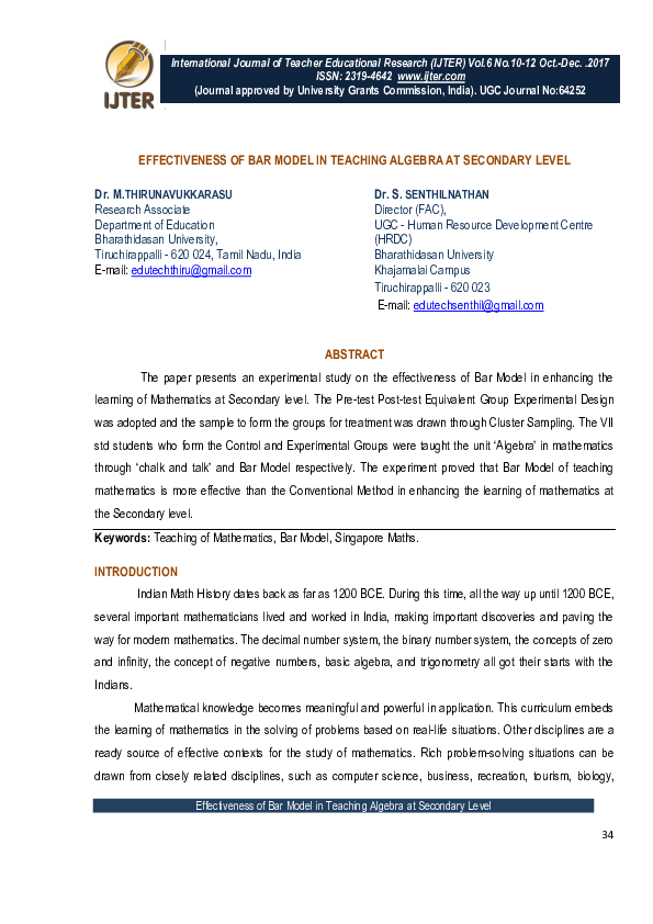 (PDF) Effectiveness of Bar Model in Teaching Algebra at Secondary Level ...