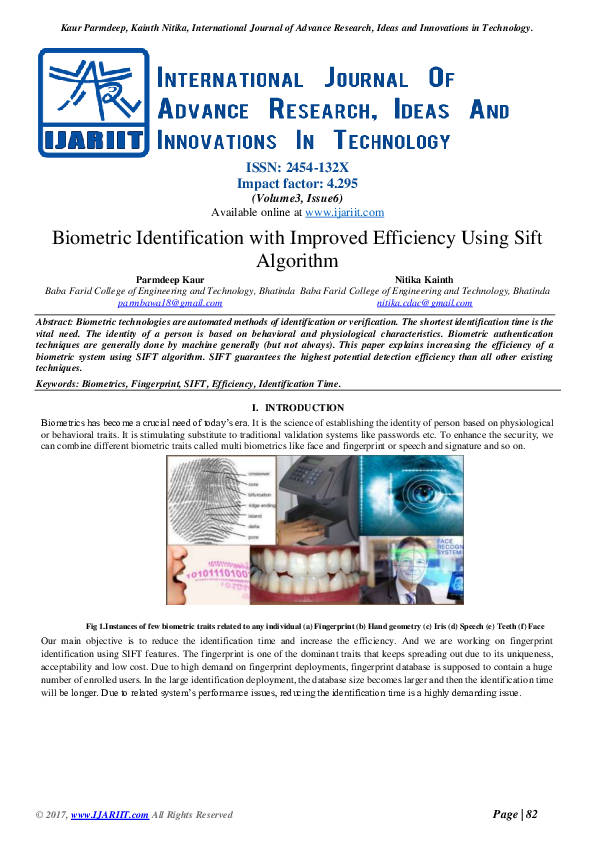 Pdf Biometric Identification With Improved Efficiency Using Sift Algorithm