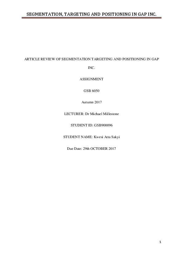 (DOC) ARTICLE REVIEW OF SEGMENTATION TARGETING AND POSITIONING IN GAP ...