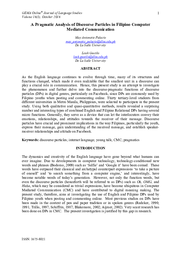 (PDF) A Pragmatic Analysis of Discourse Particles in Filipino Computer Mediated Communication