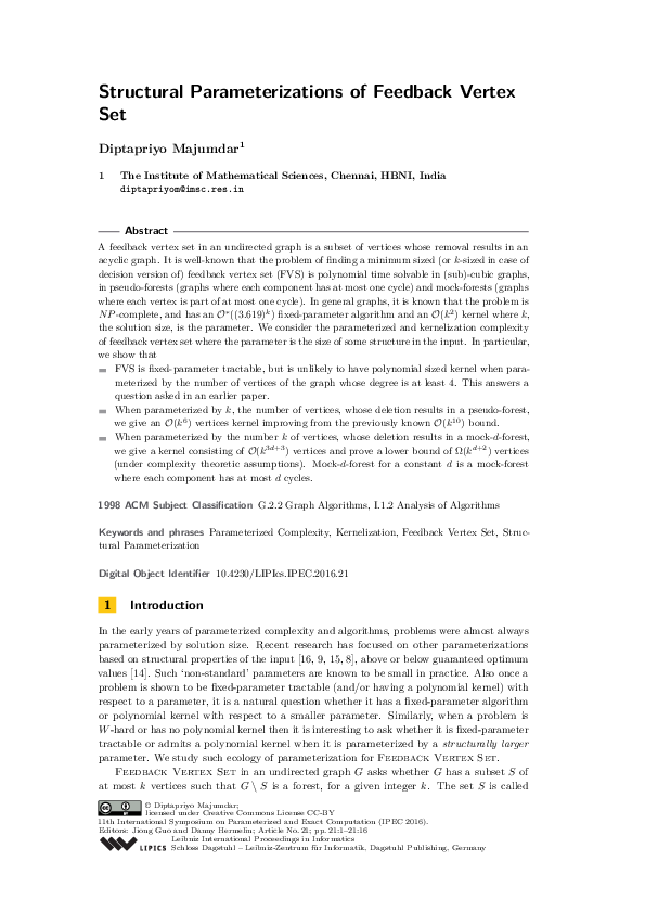(PDF) Structural Parameterizations of Feedback Vertex Set | Diptapriyo Majumdar - Academia.edu