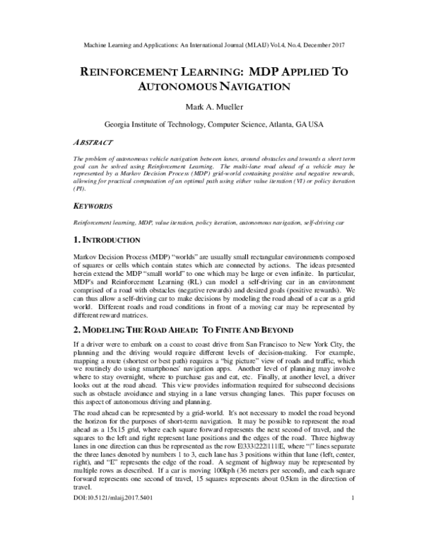 Pdf Reinforcement Learning Mdp Applied To Autonomous Navigation