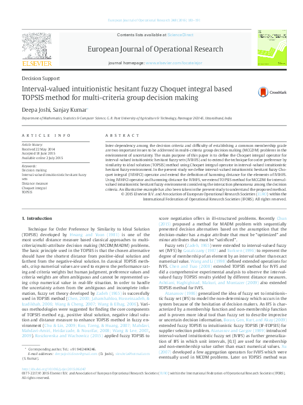 Pdf Interval Valued Intuitionistic Hesitant Fuzzy Choquet Integral Based Topsis Method For