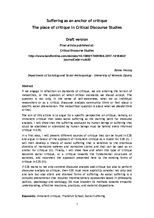 (PDF) Suffering as an anchor of critique The place of critique in ...