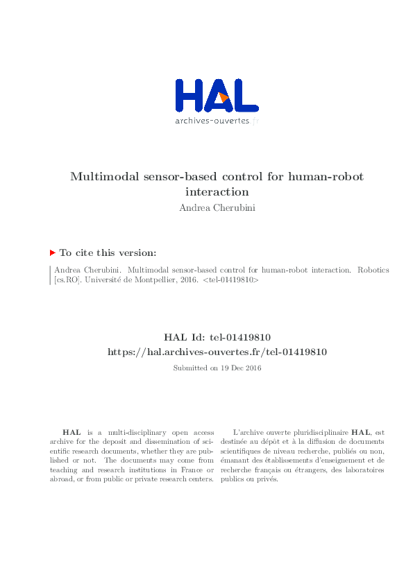 (PDF) Multimodal sensor-based control for human-robot interaction