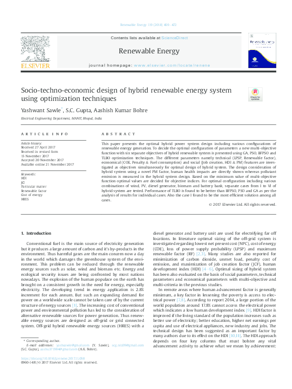 Pdf Socio Techno Economic Design Of Hybrid Renewable Energy System Using Optimization Techniques
