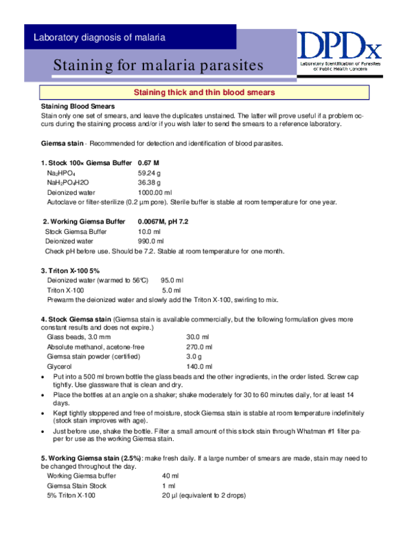 (PDF) Laboratory diagnosis of malaria Staining for malaria parasites